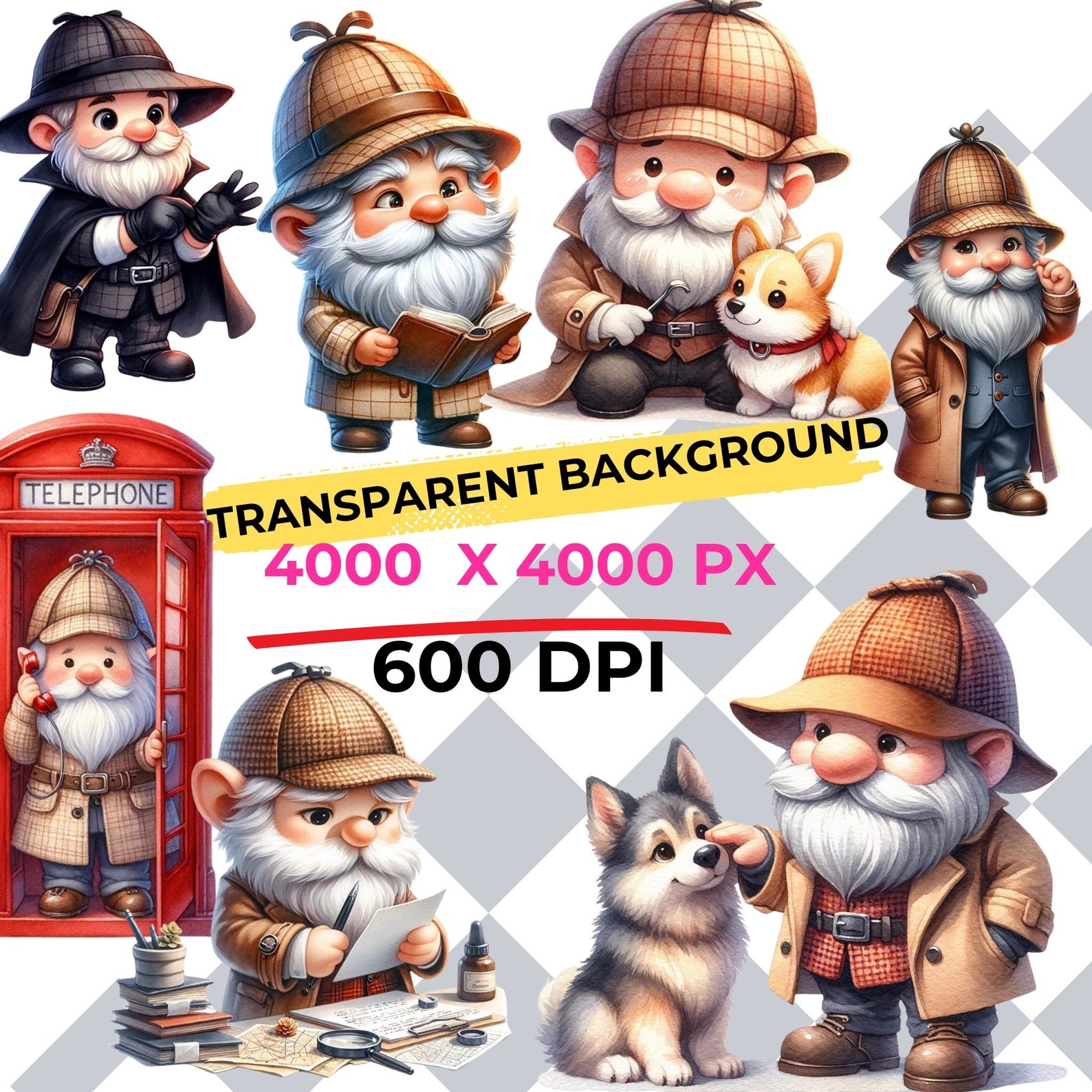 26PNG: Detective Gnome Clipart, Detective Dad, Watercolor Gnome, Police ...