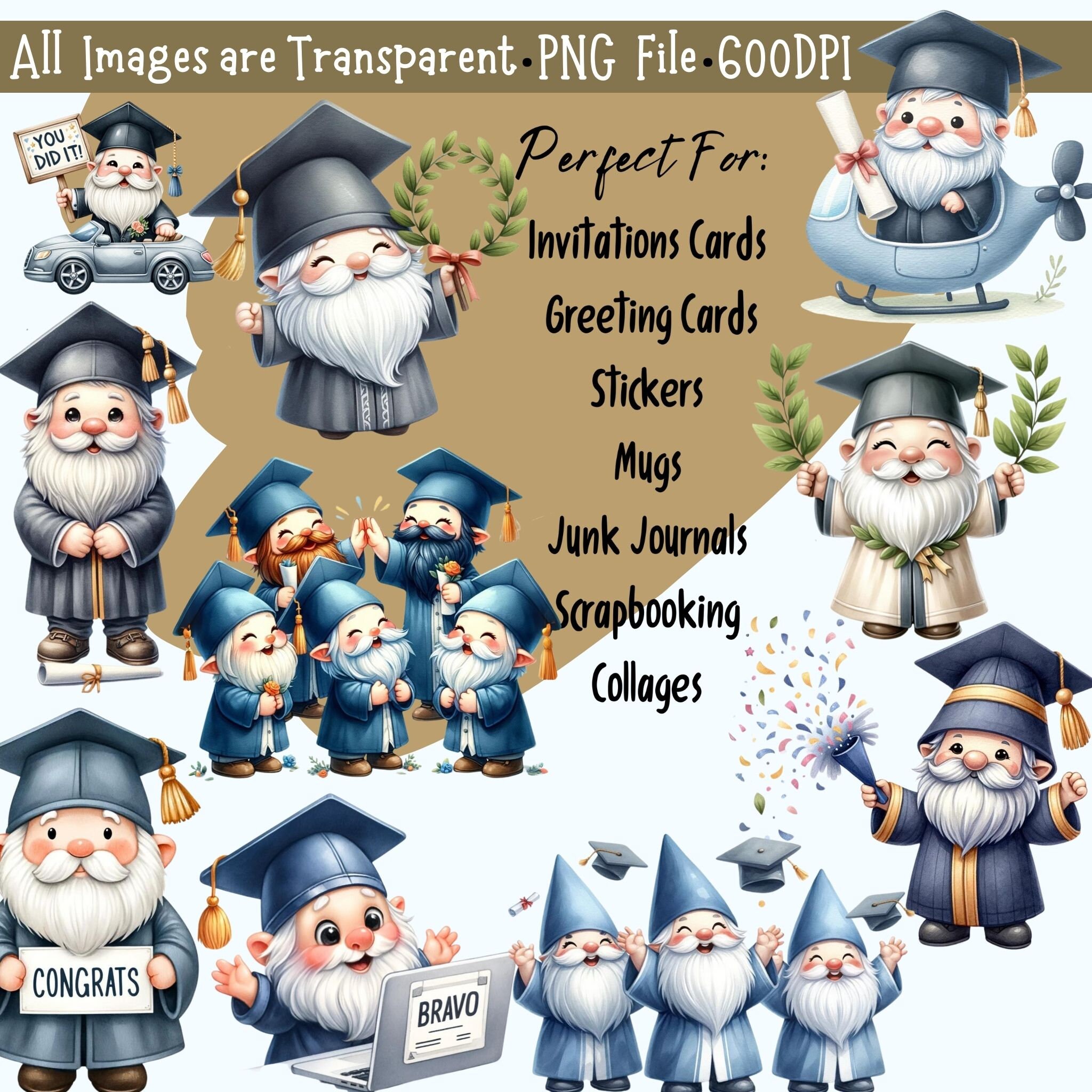 38PNG: Watercolor Graduation Gnome Clipart PNG Bundle Nursery Decor ...