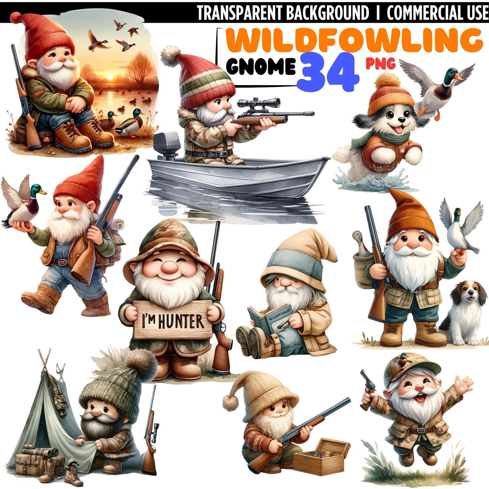 34PNG: Hunting Gnome, Duck Hunting Png, Wildfowler Decoy, Watercolor ...