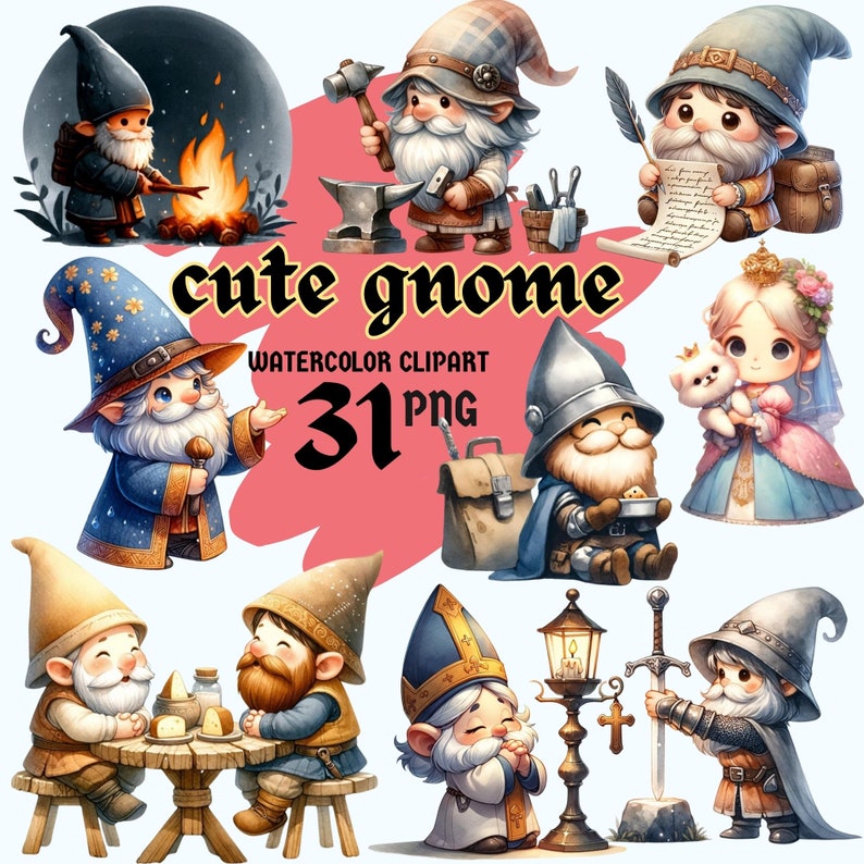 31 Watercolor Medieval Gnome Clipart Set: Fantasy Nursery Decor (PNG ...