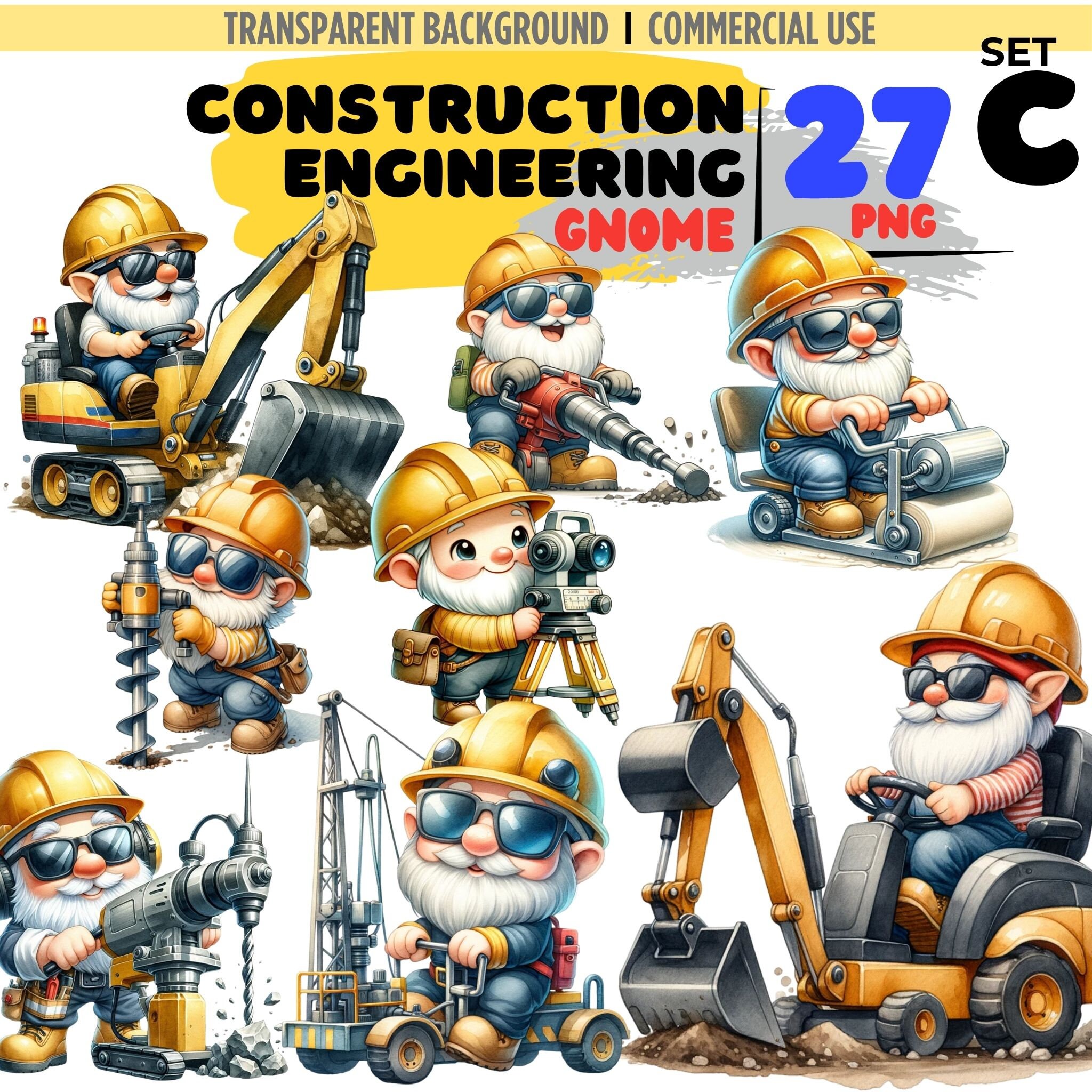 27 PNG Set C: Watercolor Construction Vehicles With Engineer Gnomes, Builder Gnomes Clipart ...