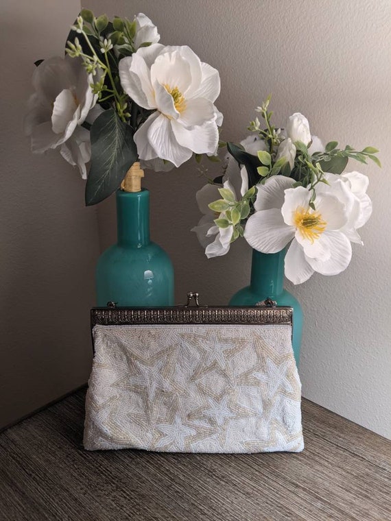 Vintage White/Ivory Small Beaded Purse Star Pattern - Gem