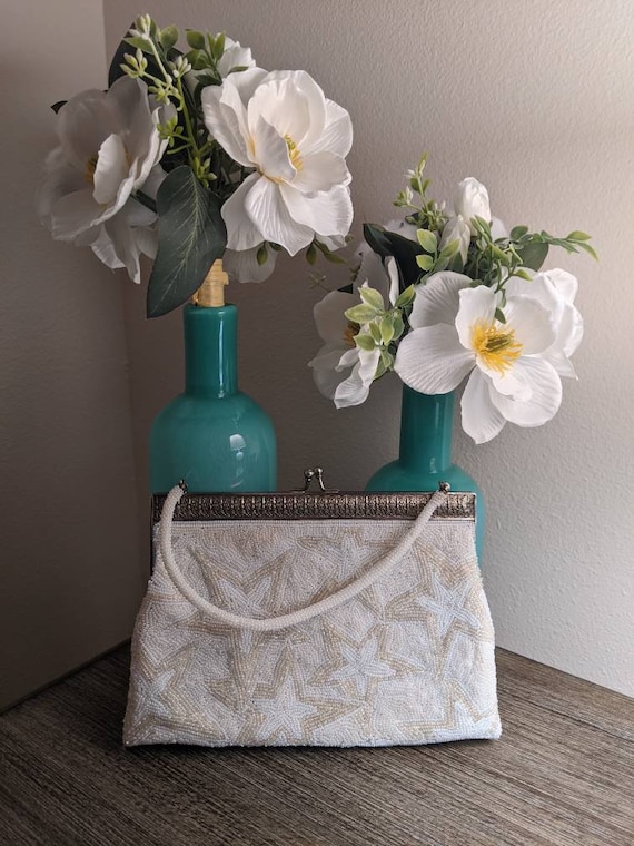 Vintage White/Ivory Small Beaded Purse Star Pattern - Gem