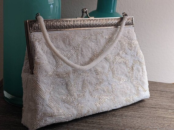 Vintage White/Ivory Small Beaded Purse Star Pattern - Gem