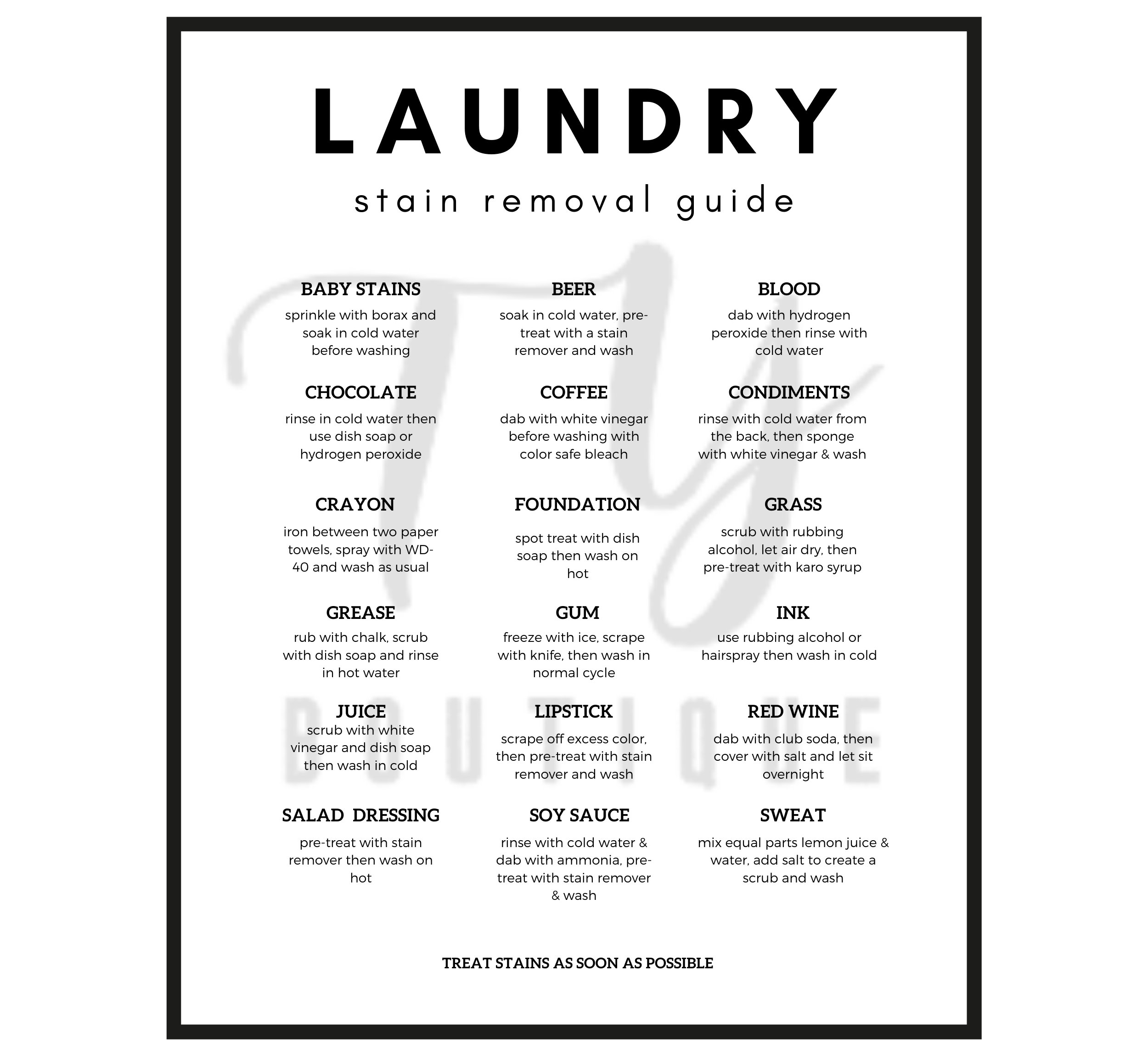 Minimalist Laundry Stain Removal Guide, Laundry Room Printable Art ...