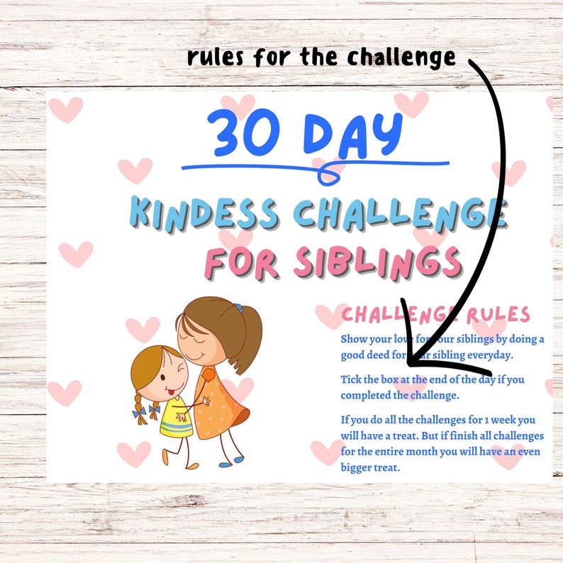 30 Day Sibling Challenge, Printable Challenge, Sibling Challenge, 30 Day Challenge, Be Kind ...