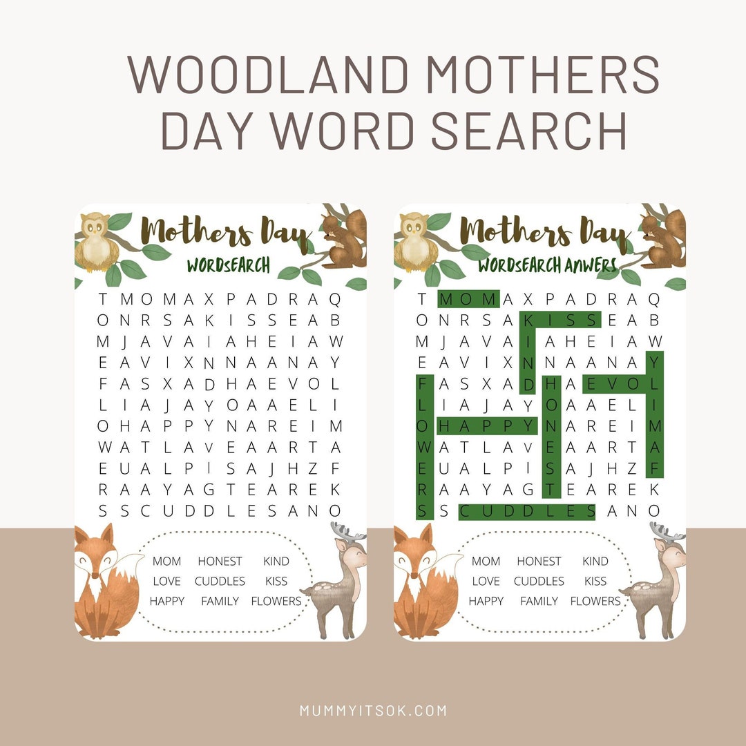 Mother's Day Woodland Animal Word Search Printable, Mother's Day Word ...