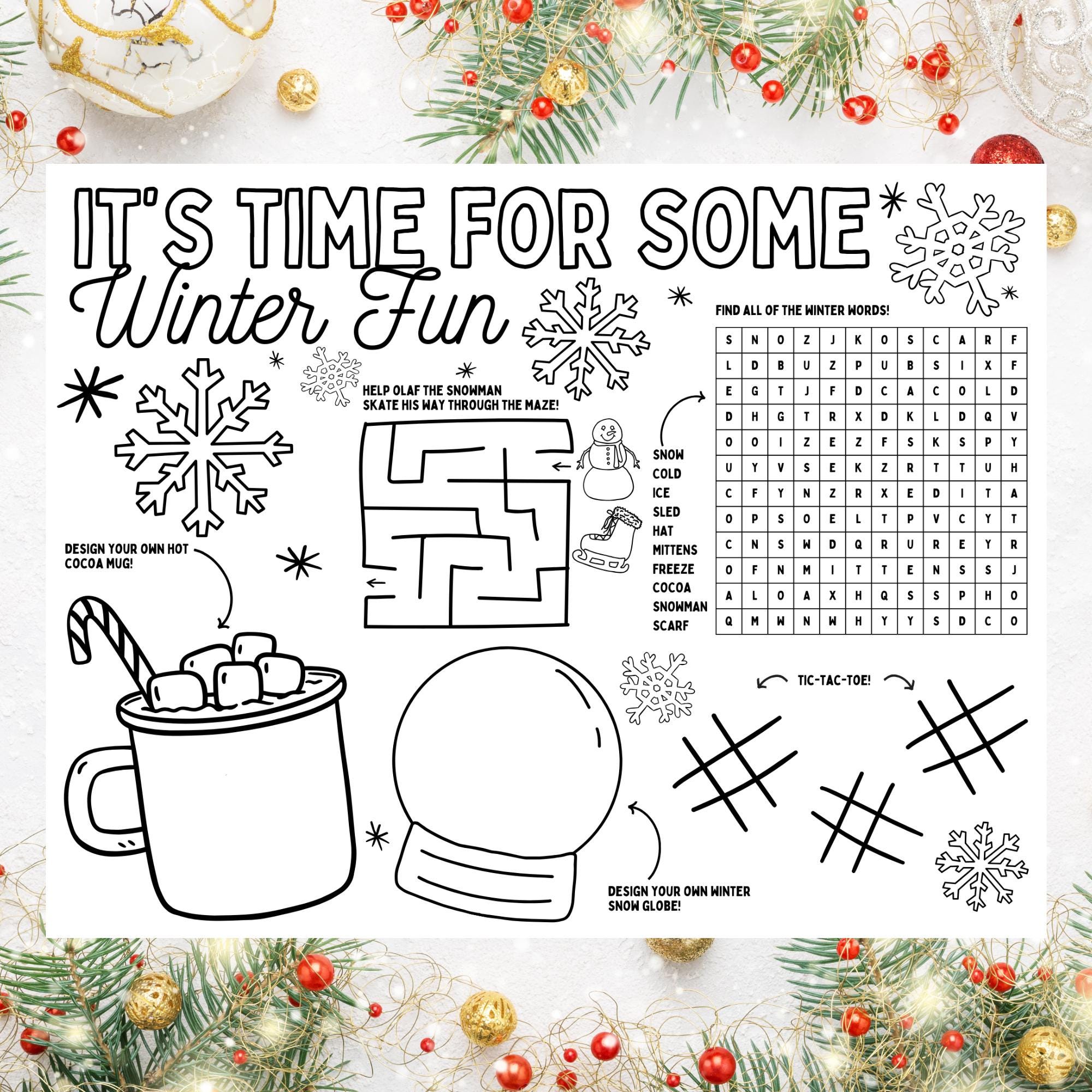 Winter Activity Printable Placemat, Printable Colouring Sheet, Kids ...