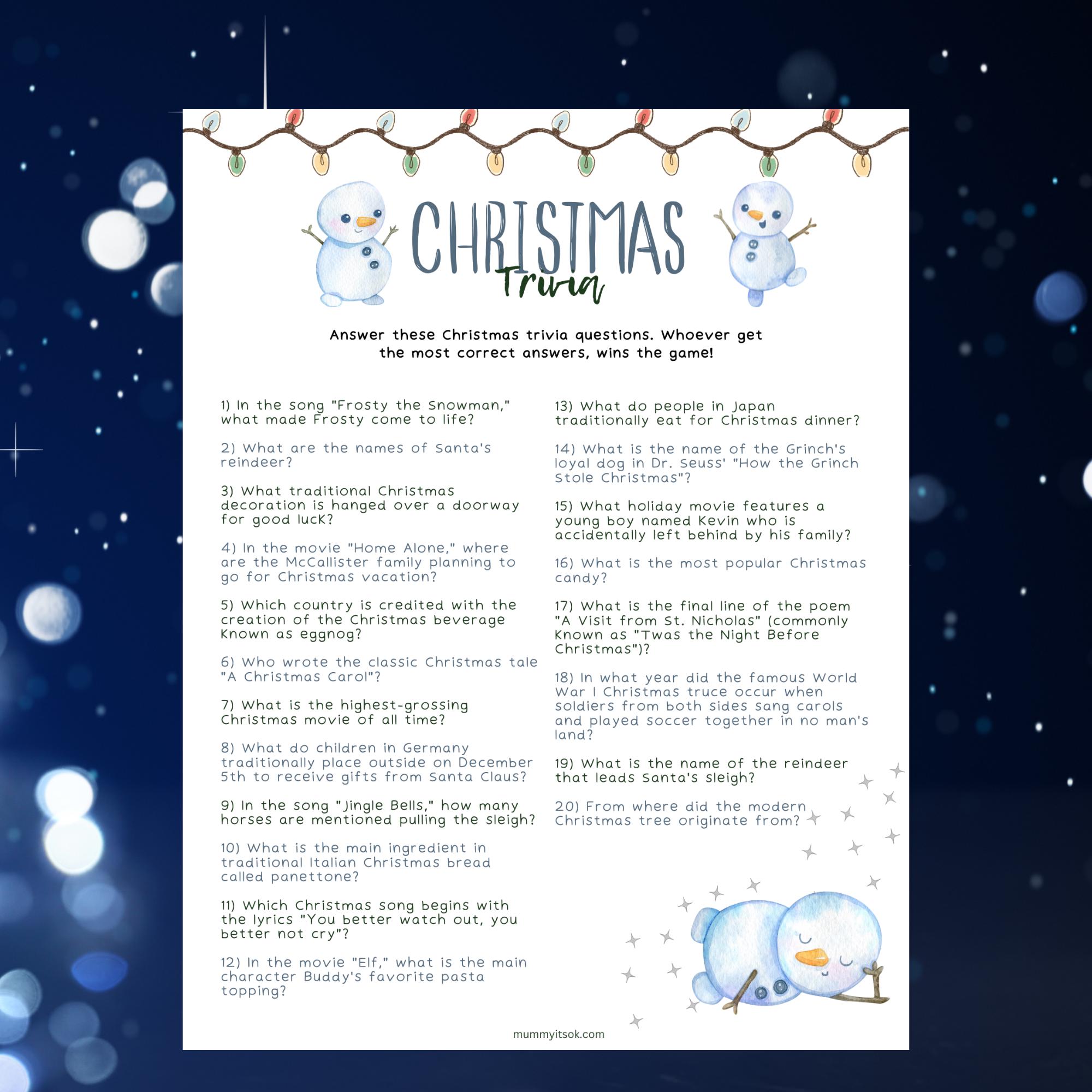 Christmas Trivia Game, Festive Holiday Quiz (printable PDF) - Etsy