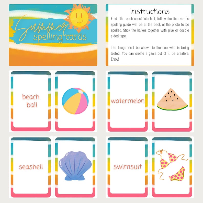 Printable Spelling Cards, Site Words Flash Cards, Summer Activity for ...