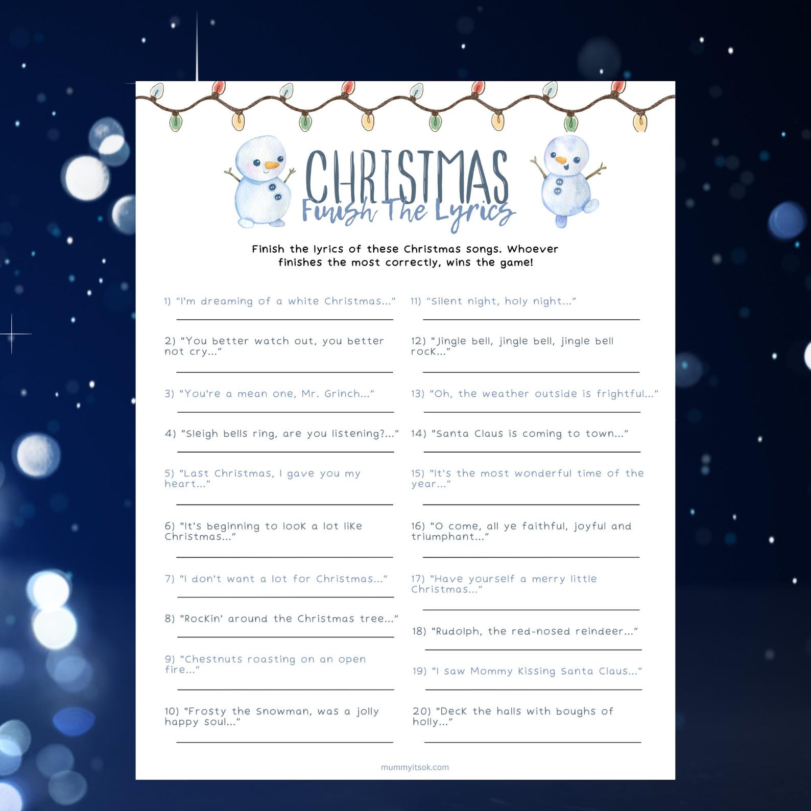 Christmas Song Lyric Game, Holiday Party Printable (PDF) - Etsy