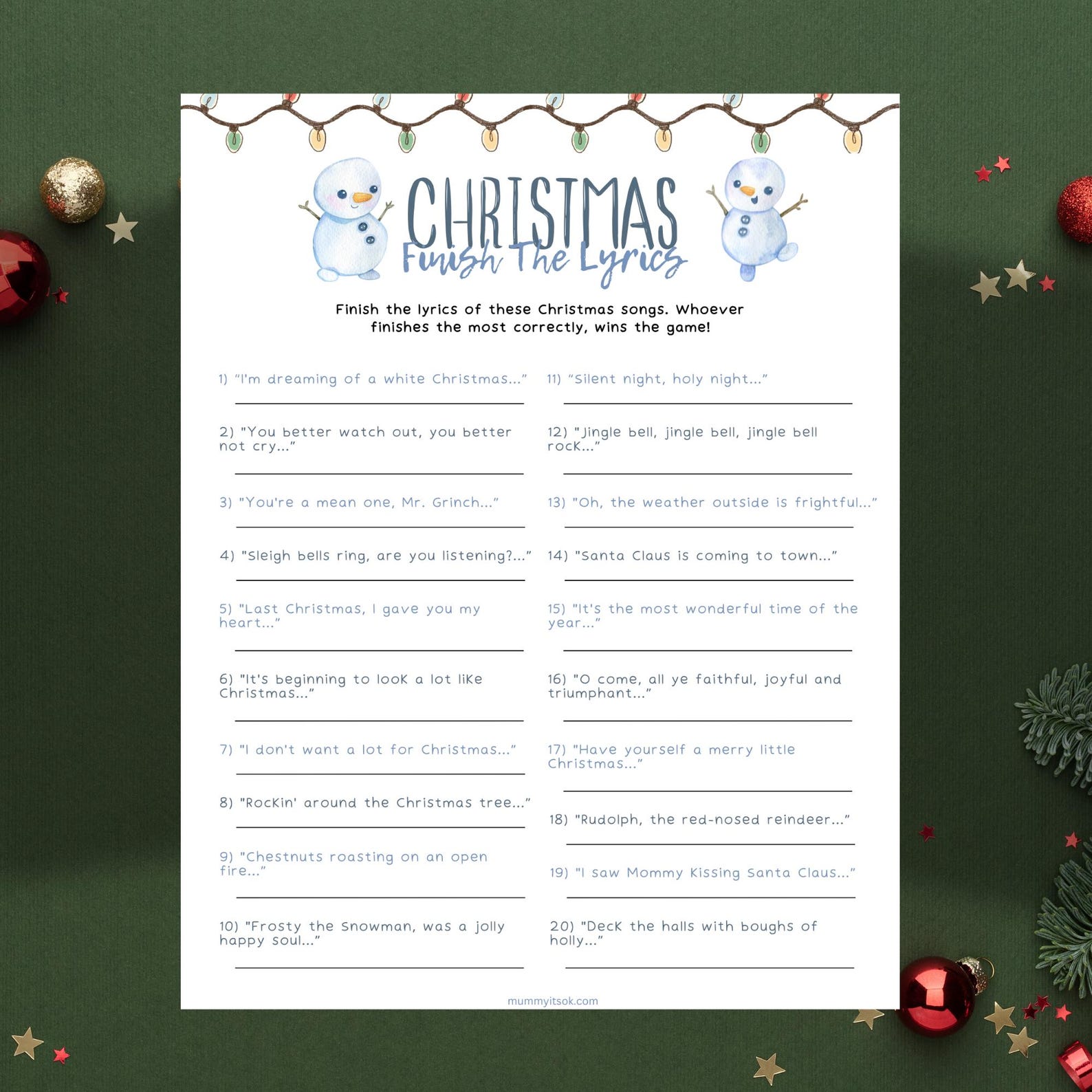 Christmas Song Lyric Game, Holiday Party Printable (PDF) - Etsy