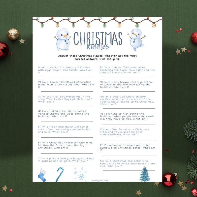 Christmas Riddles Game, Printable Holiday Party Activity (PDF) - Etsy