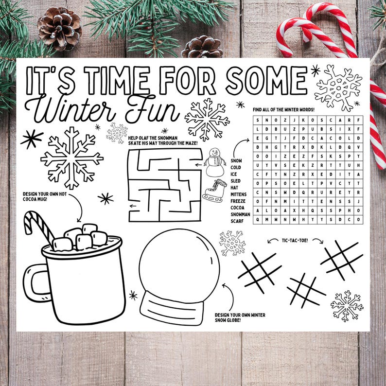 Winter Activity Placemat, Printable Coloring Sheet (PDF) - Etsy