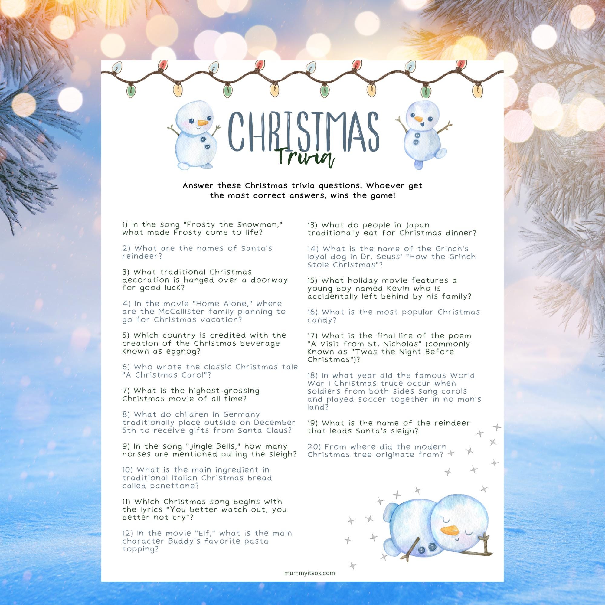 Christmas Trivia Game, Festive Holiday Quiz (printable PDF) - Etsy