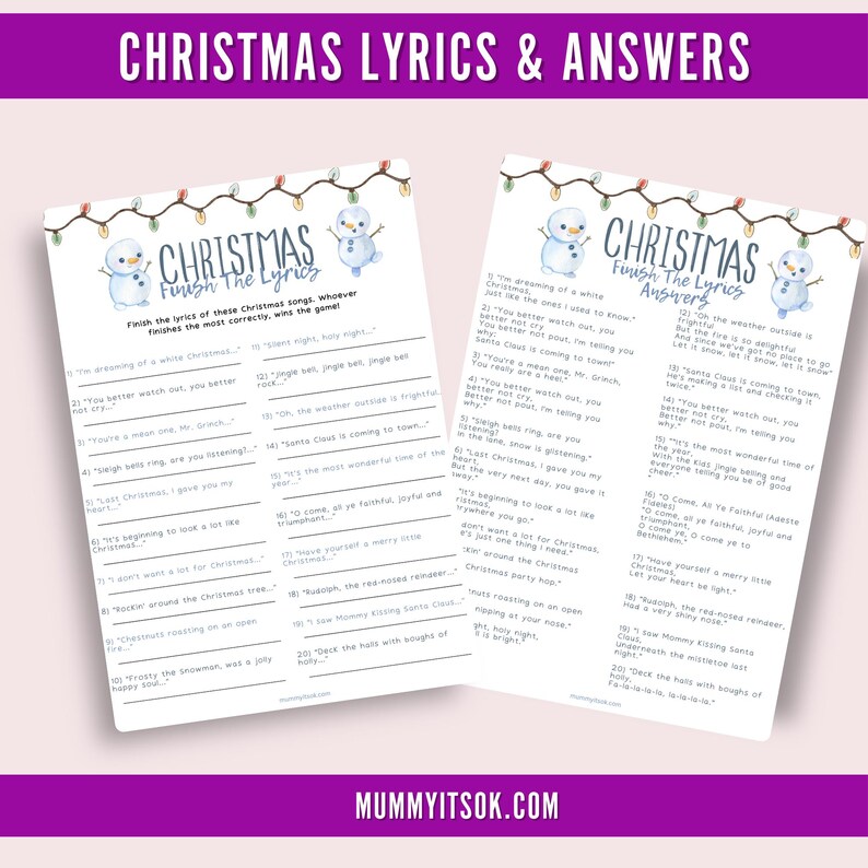 Christmas Song Lyric Game, Holiday Party Printable (PDF) - Etsy