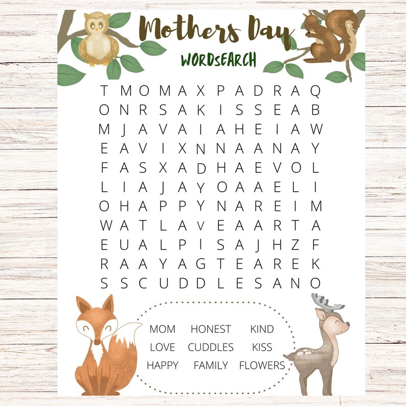 Mother's Day Woodland Animal Word Search Printable, Mother's Day Word ...