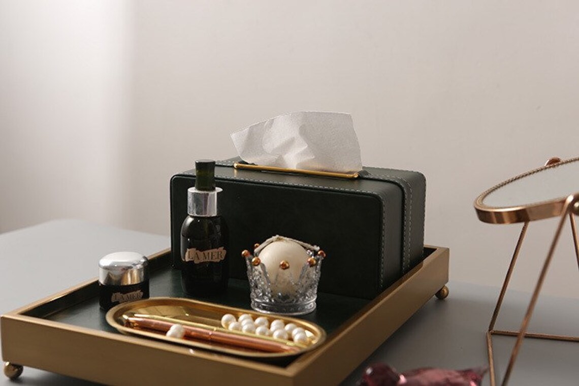 Dark Green Leather Tray and Tissue Box - Etsy