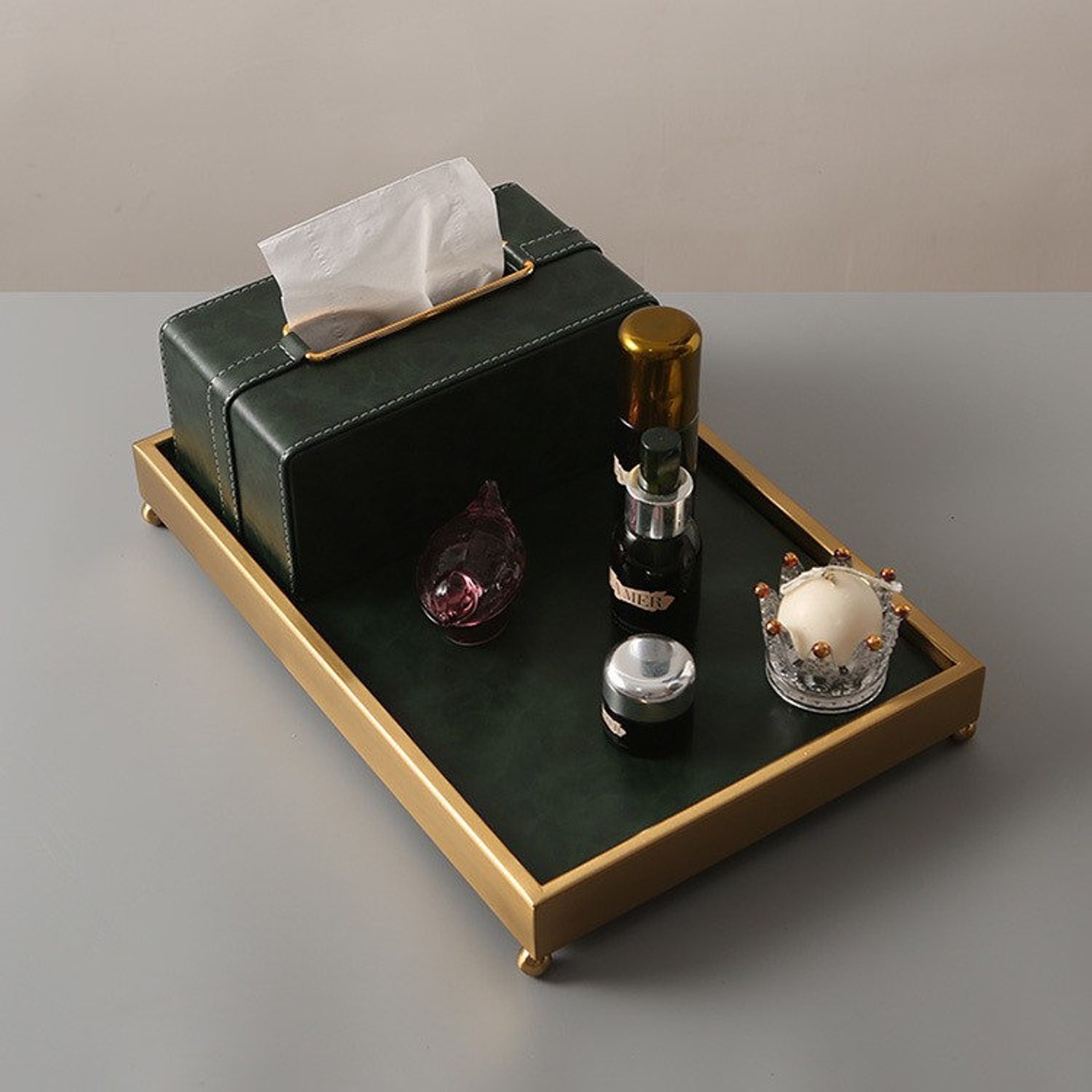 Dark Green Leather Tray and Tissue Box - Etsy
