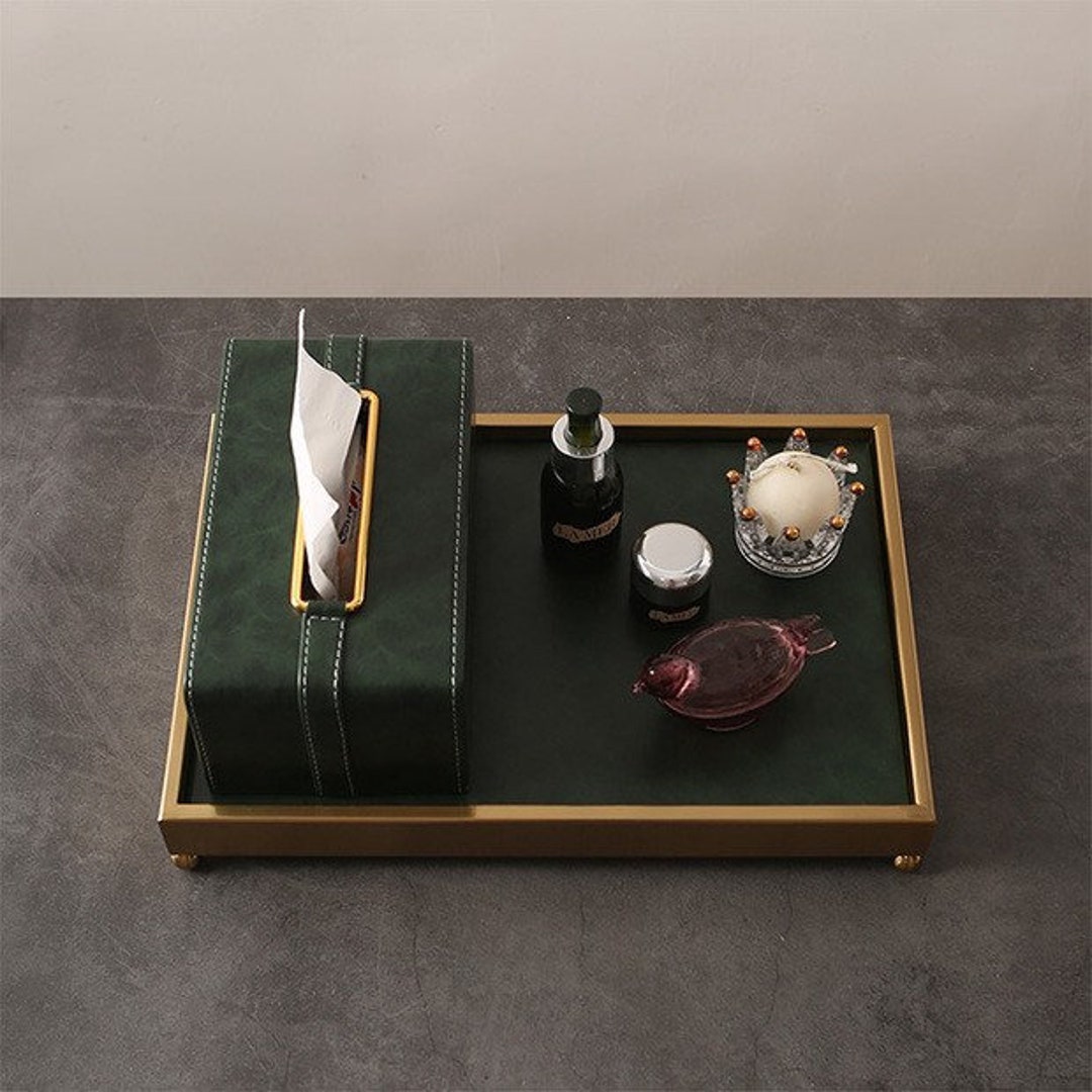Dark Green Leather Tray and Tissue Box - Etsy