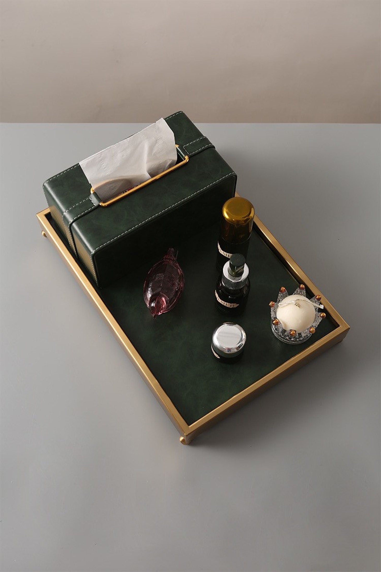 Dark Green Leather Tray and Tissue Box - Etsy