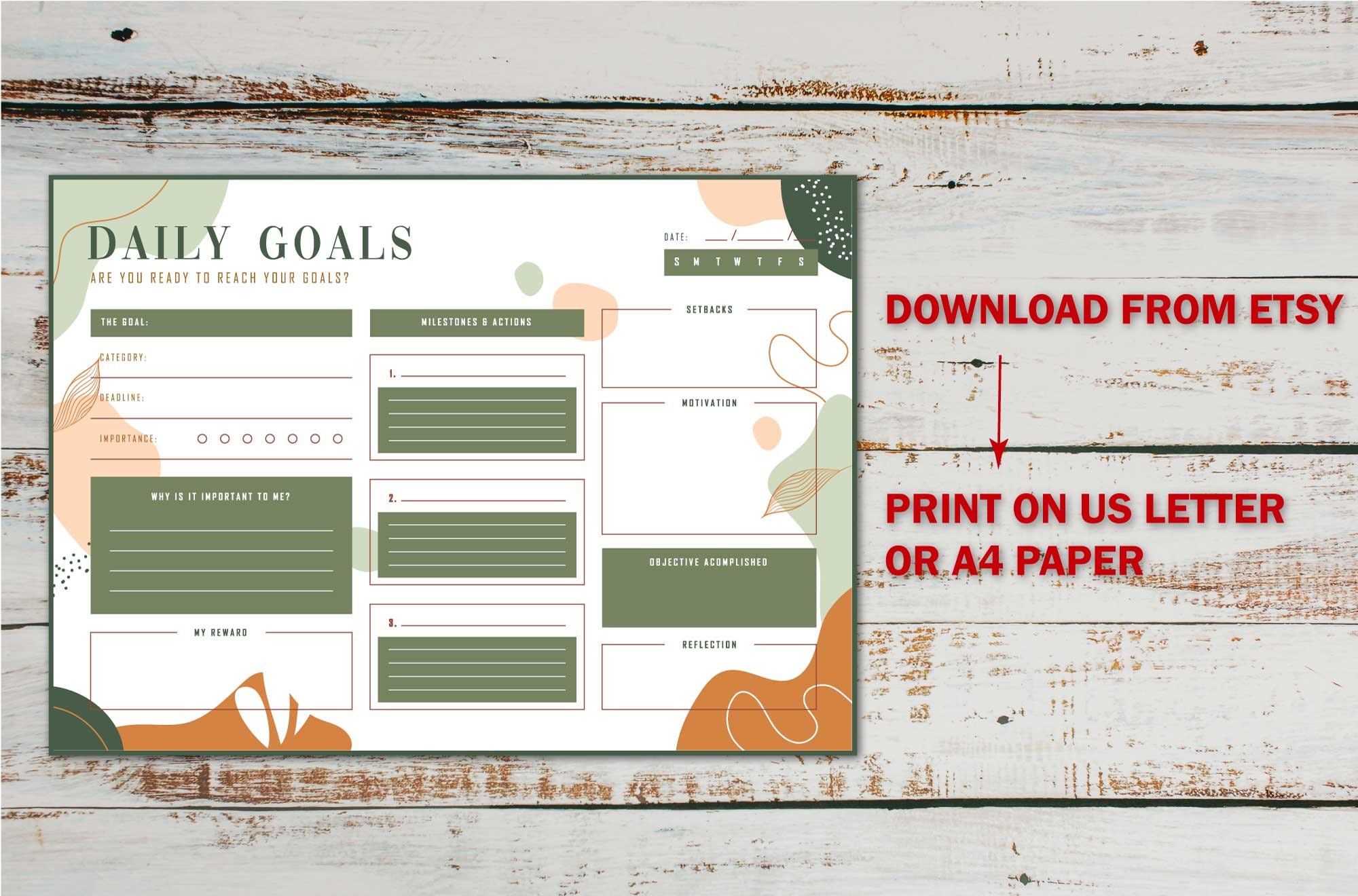 Printable Daily Goals — PDF Goals Planner — Action Lists — Instant ...