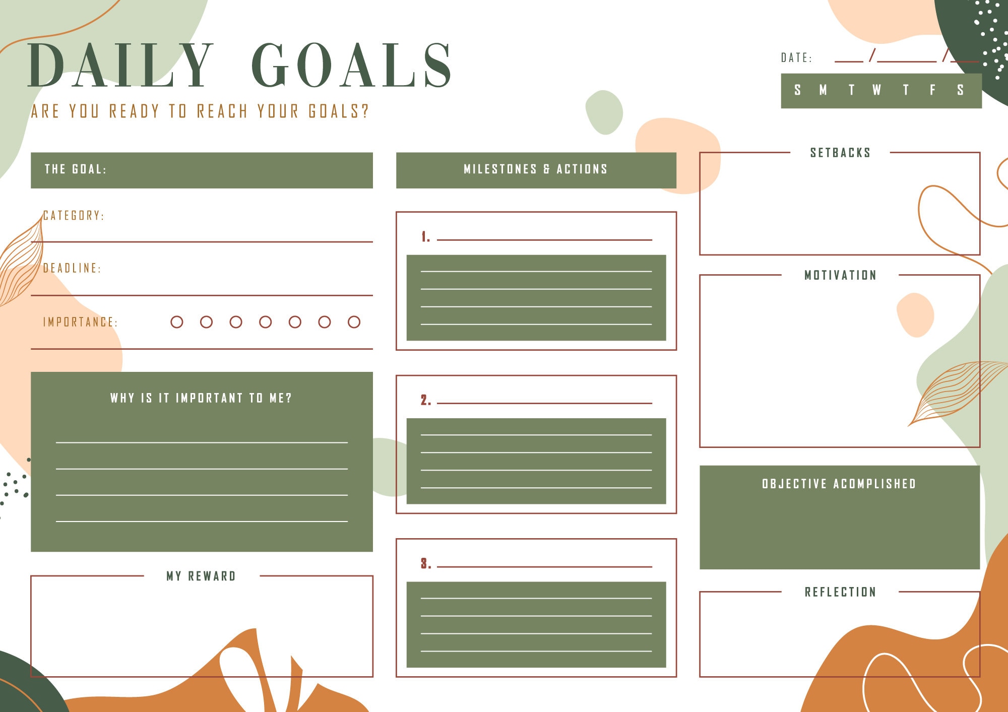 Printable Daily Goals — PDF Goals Planner — Action Lists — Instant ...