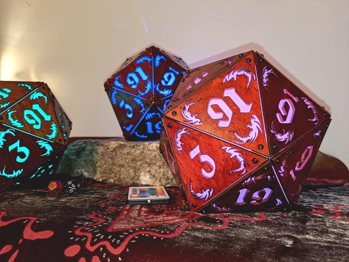 D20 Dragon Dice Lamp - Handcrafted Wood Dnd Gift, Dungeon Master Decor ...