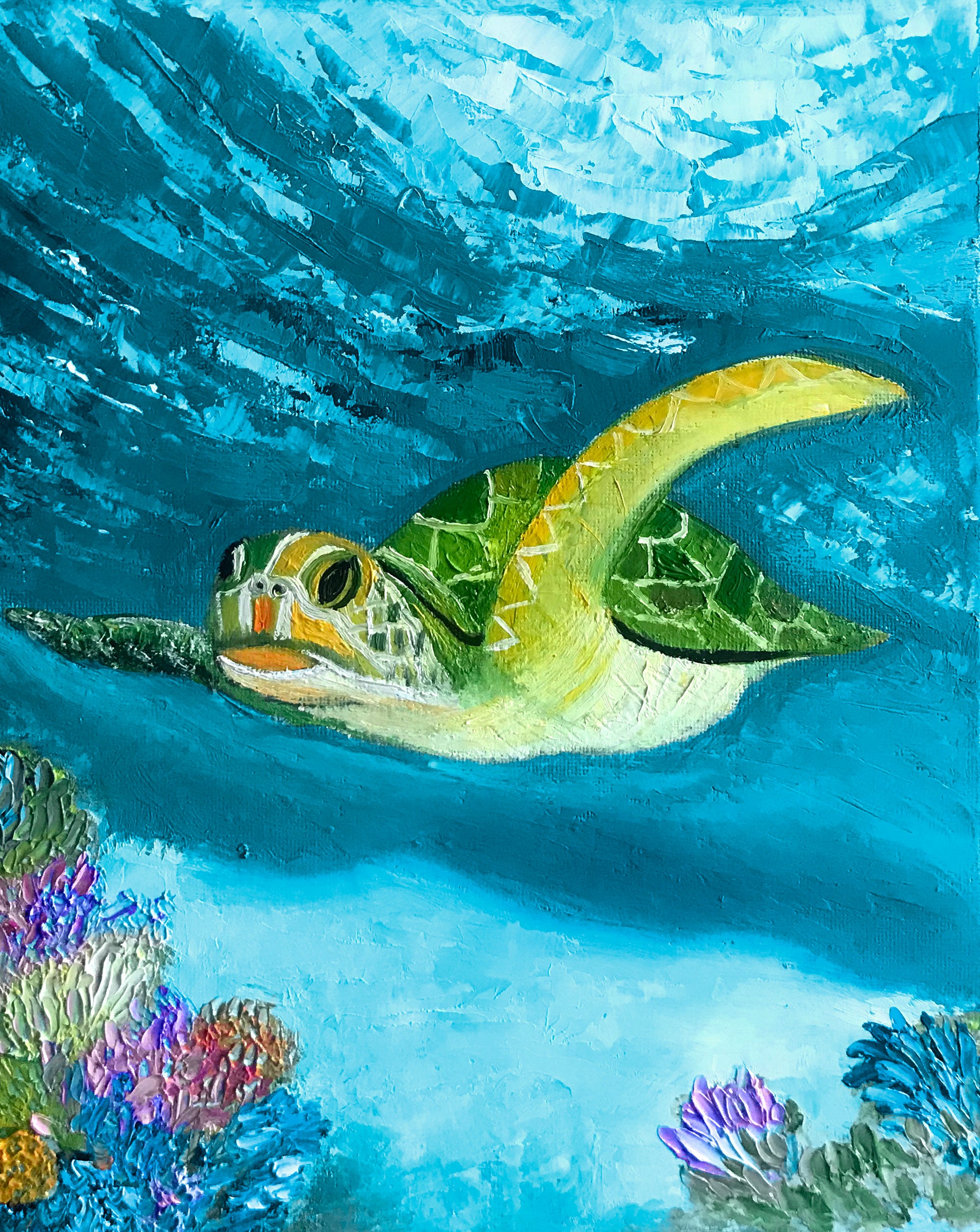 Turtle Painting Underwater Original Art Coral Painting Small | Etsy