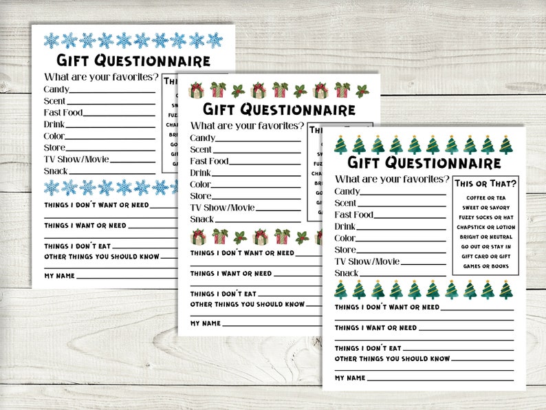 Secret Santa Winter Gift Exchange Questionnaire Form Digital Print File ...