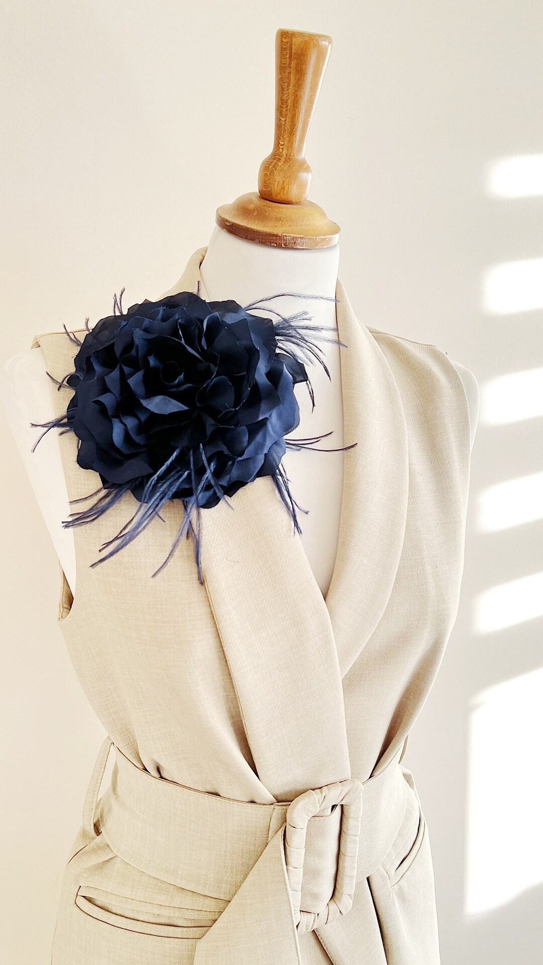 Dark Blue Flower Brooch With Feathers Pin Fabric Silk Broach Flowy ...