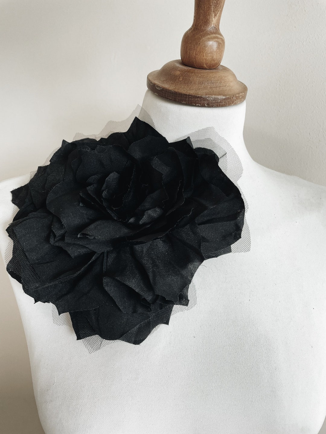 Large MATT Black Flower Brooch, Big Flower Pin Fabric Silk Oversize ...