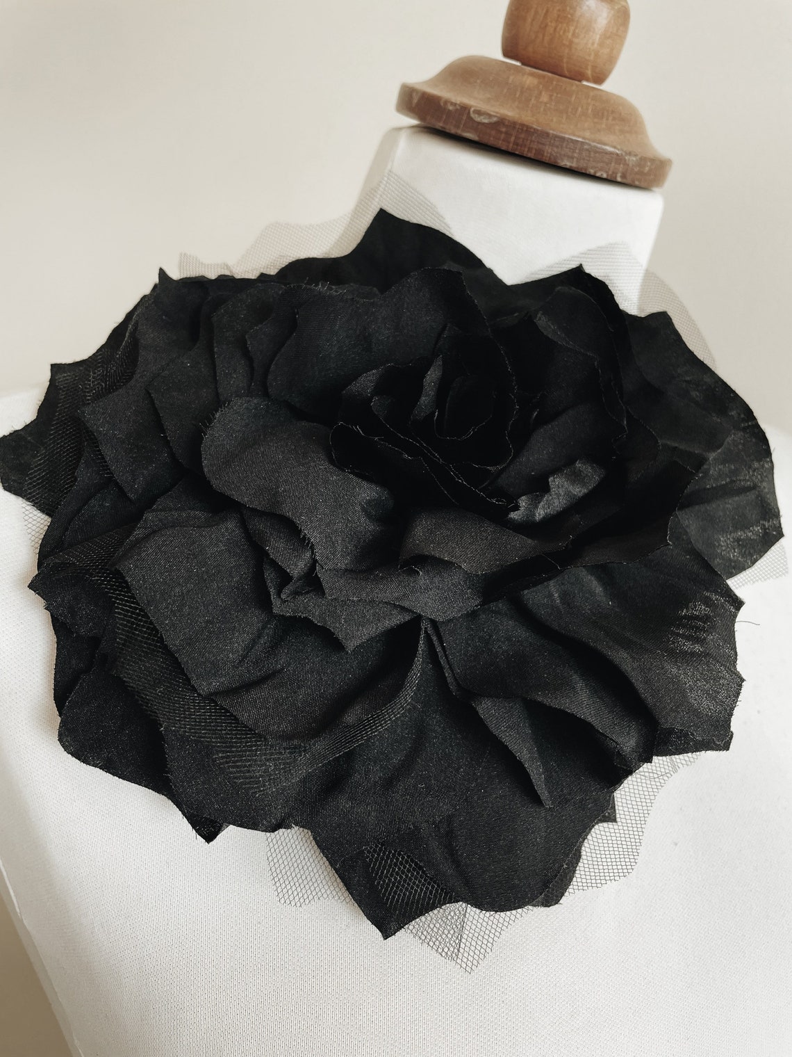 Large MATT Black Flower Brooch, Big Flower Pin Fabric Silk Oversize ...