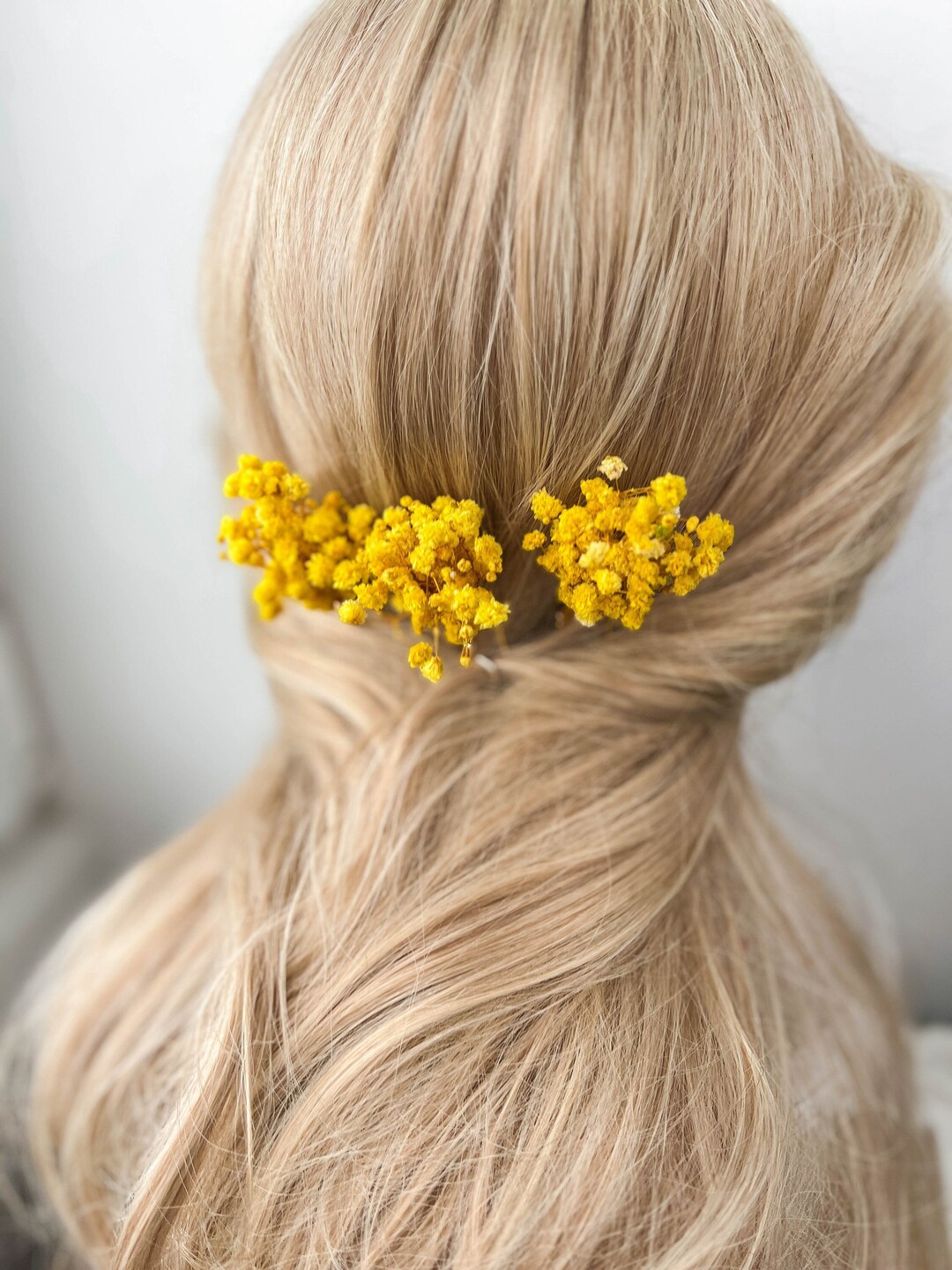 Dried Flower Hair Pins Yellow, Bridal Gypsophila Floral Hair Piece ...