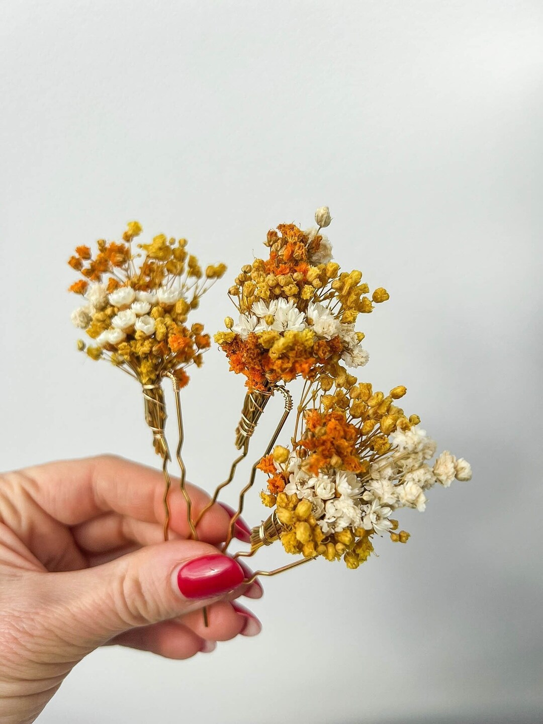 Dried Flower Hair Pins Yellow, Bridal Gypsophila Floral Hair Piece ...