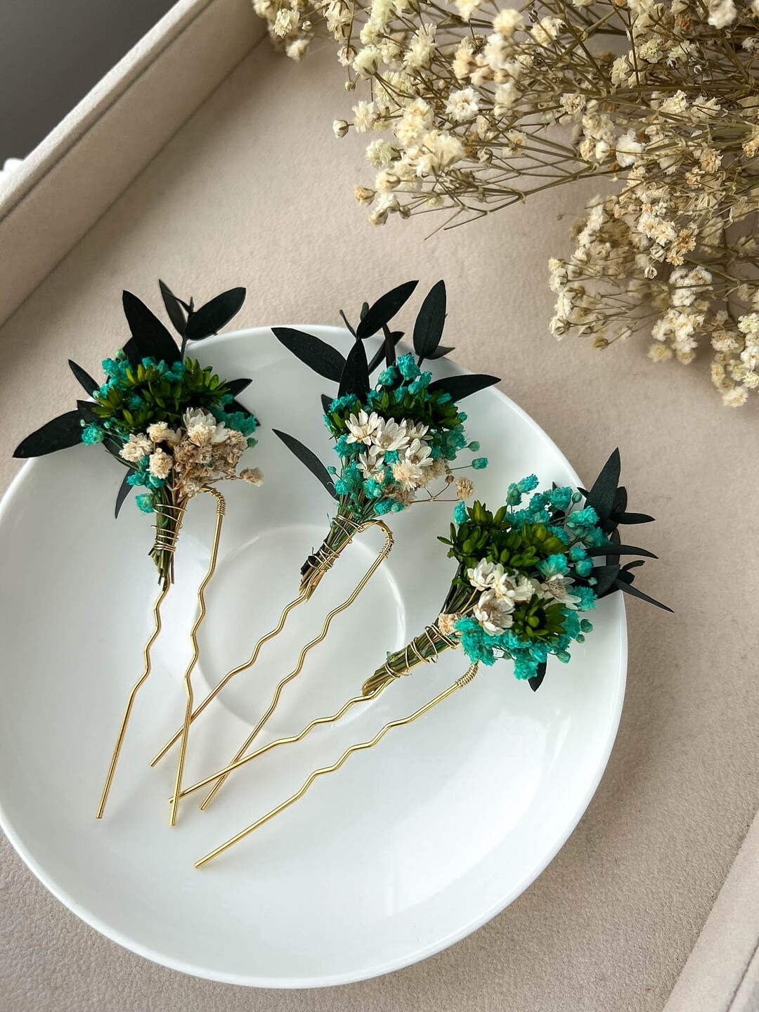 Greenery Eucalyptus Wedding Dried Flower Hair Pins, Boho Bridal Hair ...