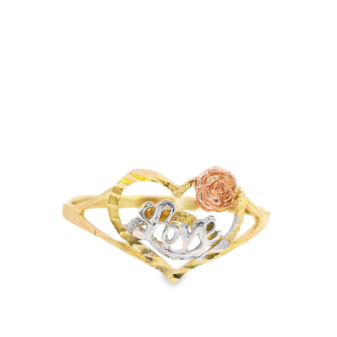 10K Real Gold Tri Color Heart Love With Rose Fancy Ring for Women - Etsy