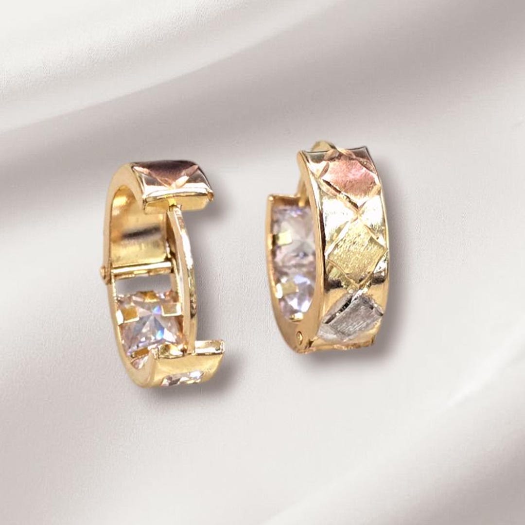 10K Real Gold Tri Color Triangle Pattern With Backside CZ Hoop Earrings ...