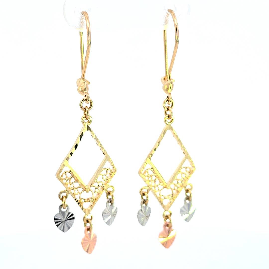 14K Real Gold Tri Color Fancy Triangle Chandelier 1.5inches Earrings ...
