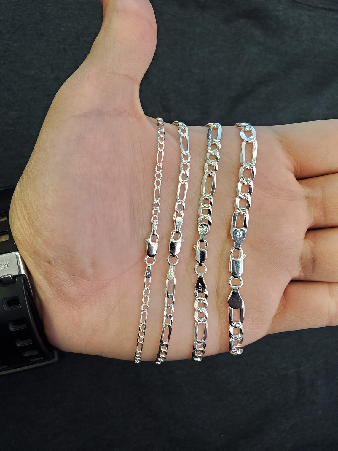 Solid 925 Sterling Silver Diamond Cut Figaro Bracelet | Etsy