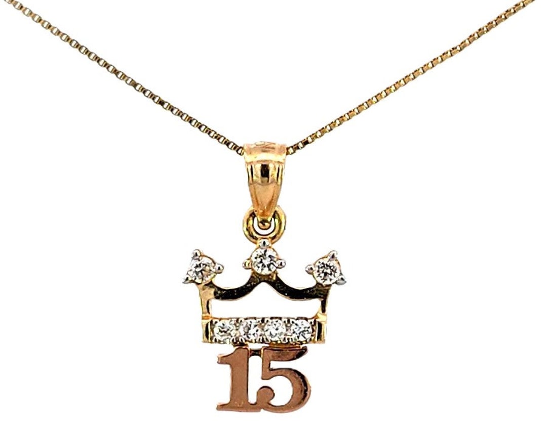 14K Real Gold Tri Color "15 Anos" CZ Crown Charm With Box Chain - Etsy