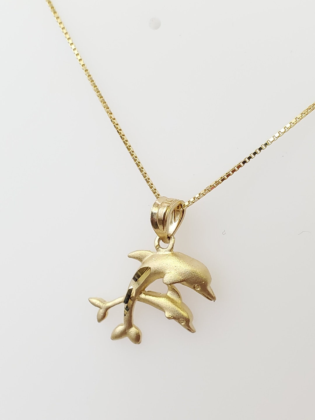 10K Solid Real Gold Double Dolphin Pendant Charm With Box Chain - Etsy