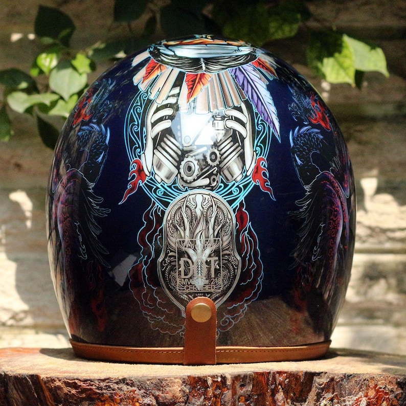 Custom Motorcycle Helmet Painted Retro 3/4 Helmet With Leather Trim ...