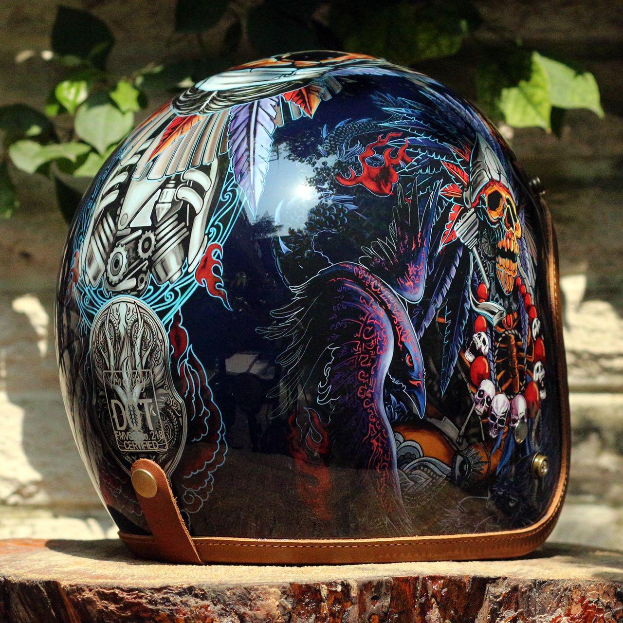 Custom Motorcycle Helmet Painted Retro 3/4 Helmet With Leather Trim ...