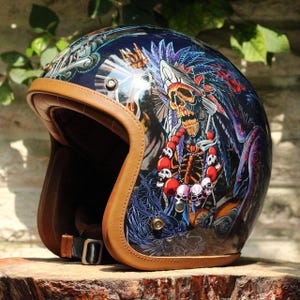 Custom Motorcycle Helmet Painted Retro 3/4 Helmet With Leather Trim ...