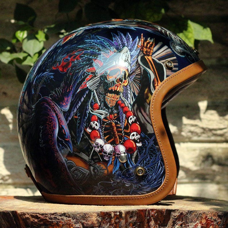 Custom Motorcycle Helmet Painted Retro 3/4 Helmet With Leather Trim ...