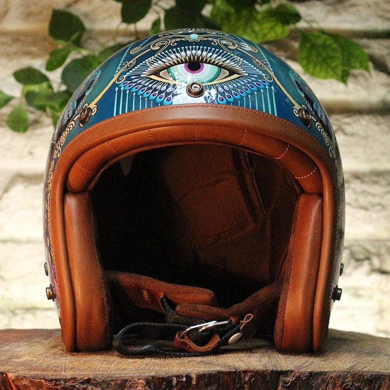 Custom Motorcycle Helmet Painted Retro 3/4 Helmet With Leather Trim ...