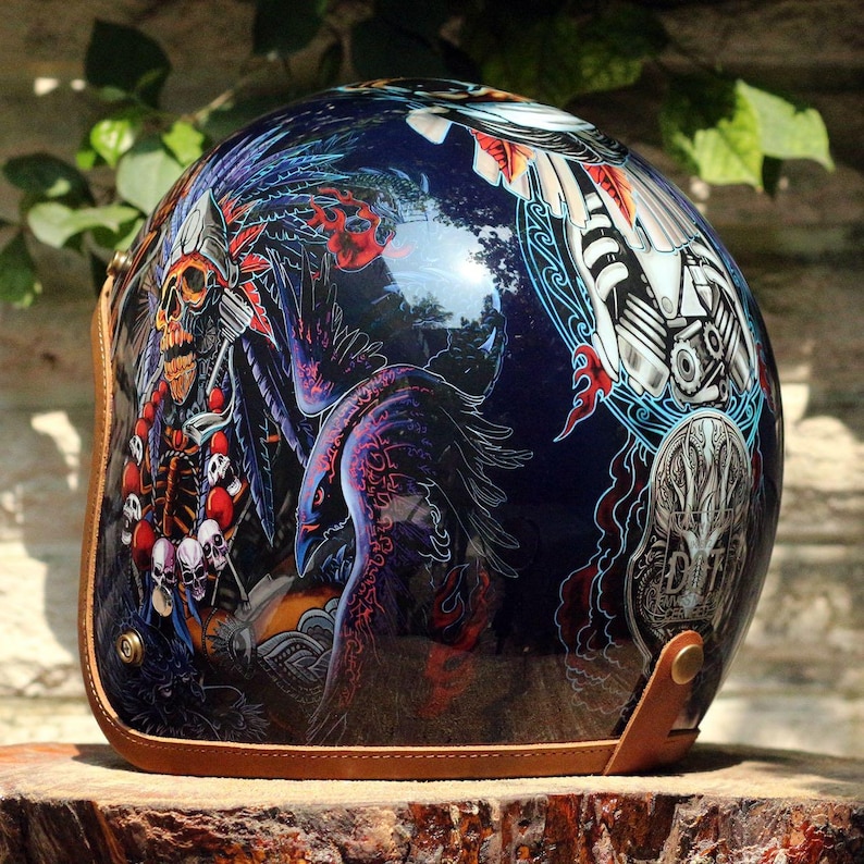 Custom Motorcycle Helmet Painted Retro 3/4 Helmet With Leather Trim ...