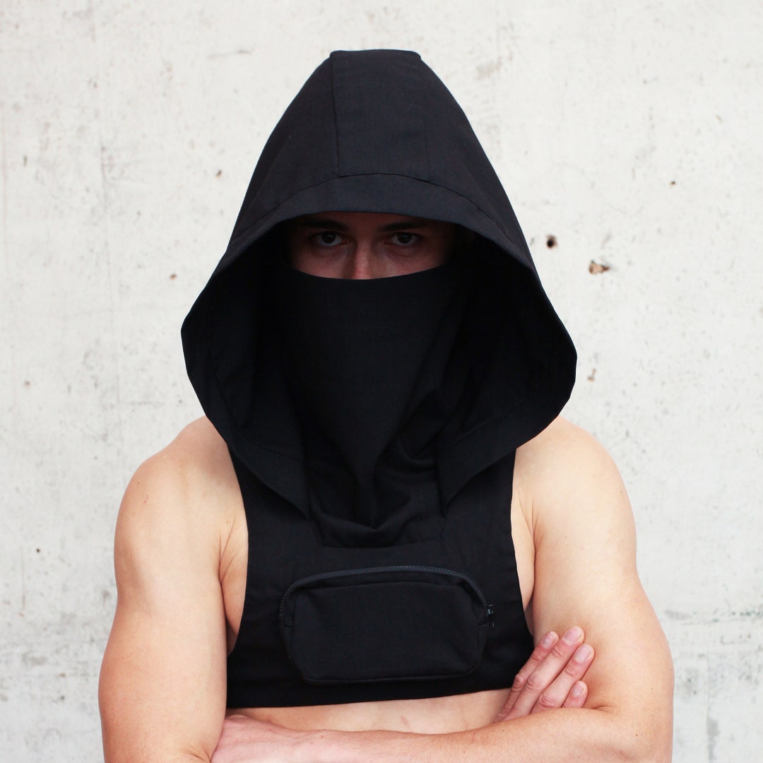 Black Techwear Hood Festival Streetwear Hoodie Utility Ninja Mask Phone ...