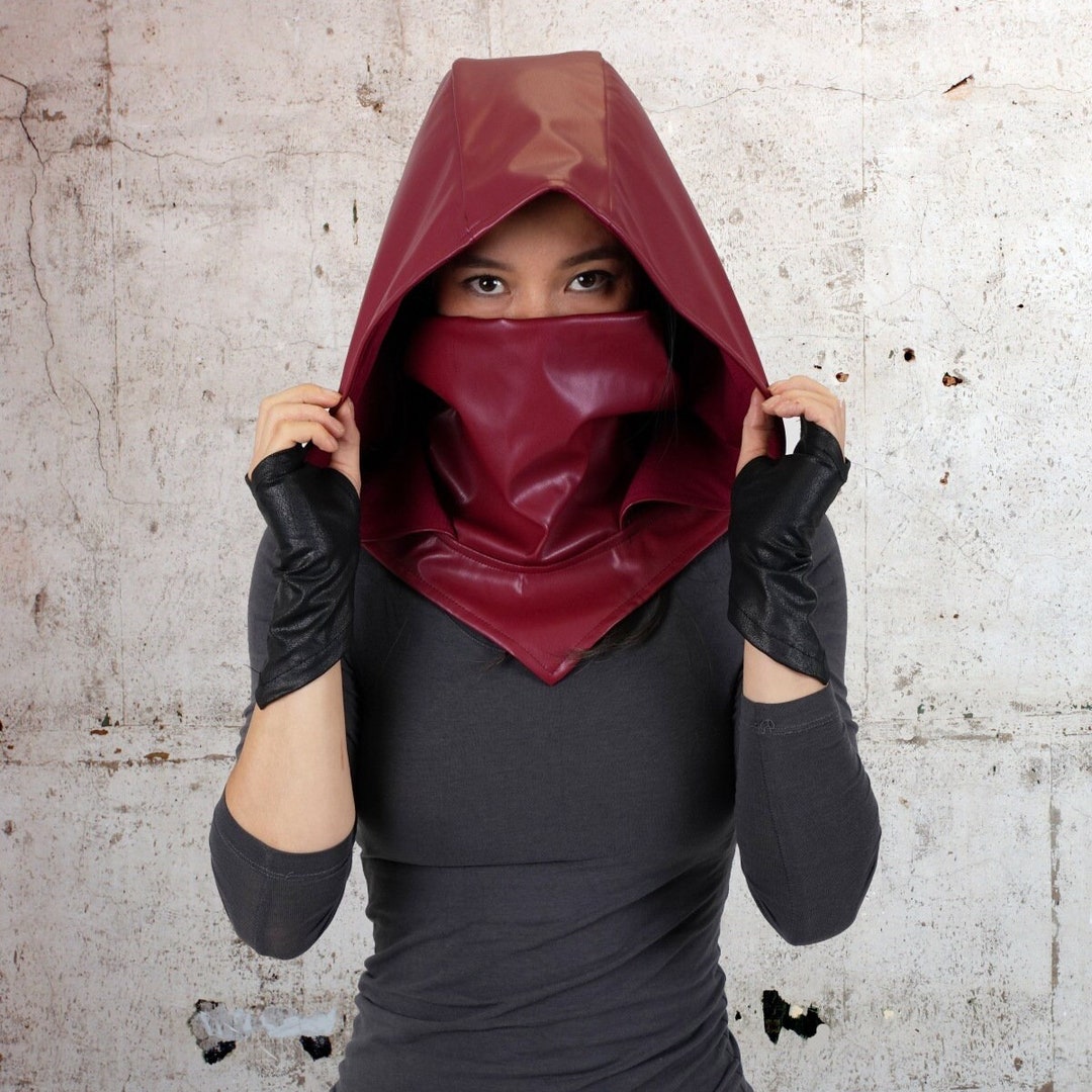 Devil Hood Red Mask Cowl Faux Leather Hoodie Hand Ninja Assassin King Dare Costume Cosplay Gift ...